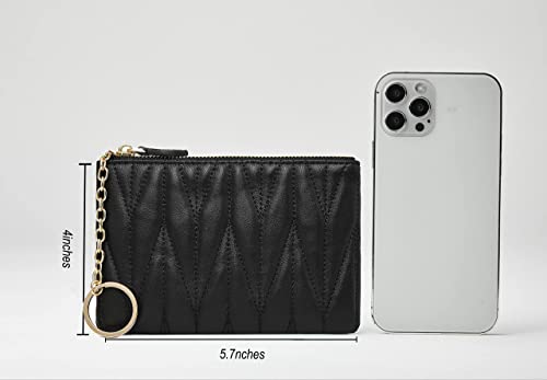 Soft Lambskin Leather Coin Purse Small Quilted RFID Blocking Top Zipper Wallet With Key Chain…
