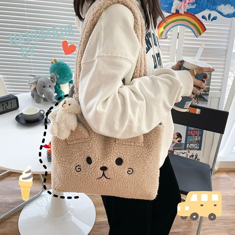 Fluffy Underarm Bag Y2K Fuzzy Plush Tote Bag Cute Cartoon Bear Aesthetic Shoulder Bag Accessories for Autumn Winter (Kakhi)
