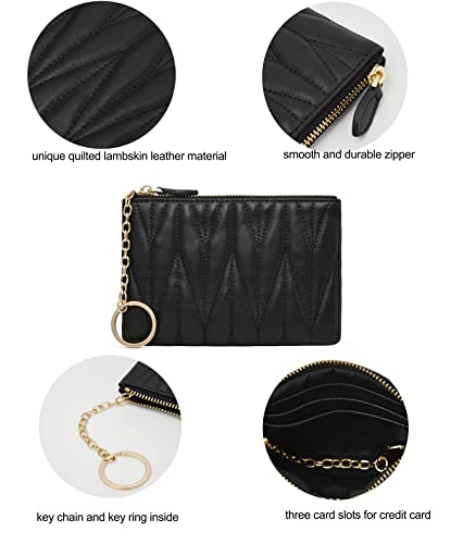 Soft Lambskin Leather Coin Purse Small Quilted RFID Blocking Top Zipper Wallet With Key Chain…