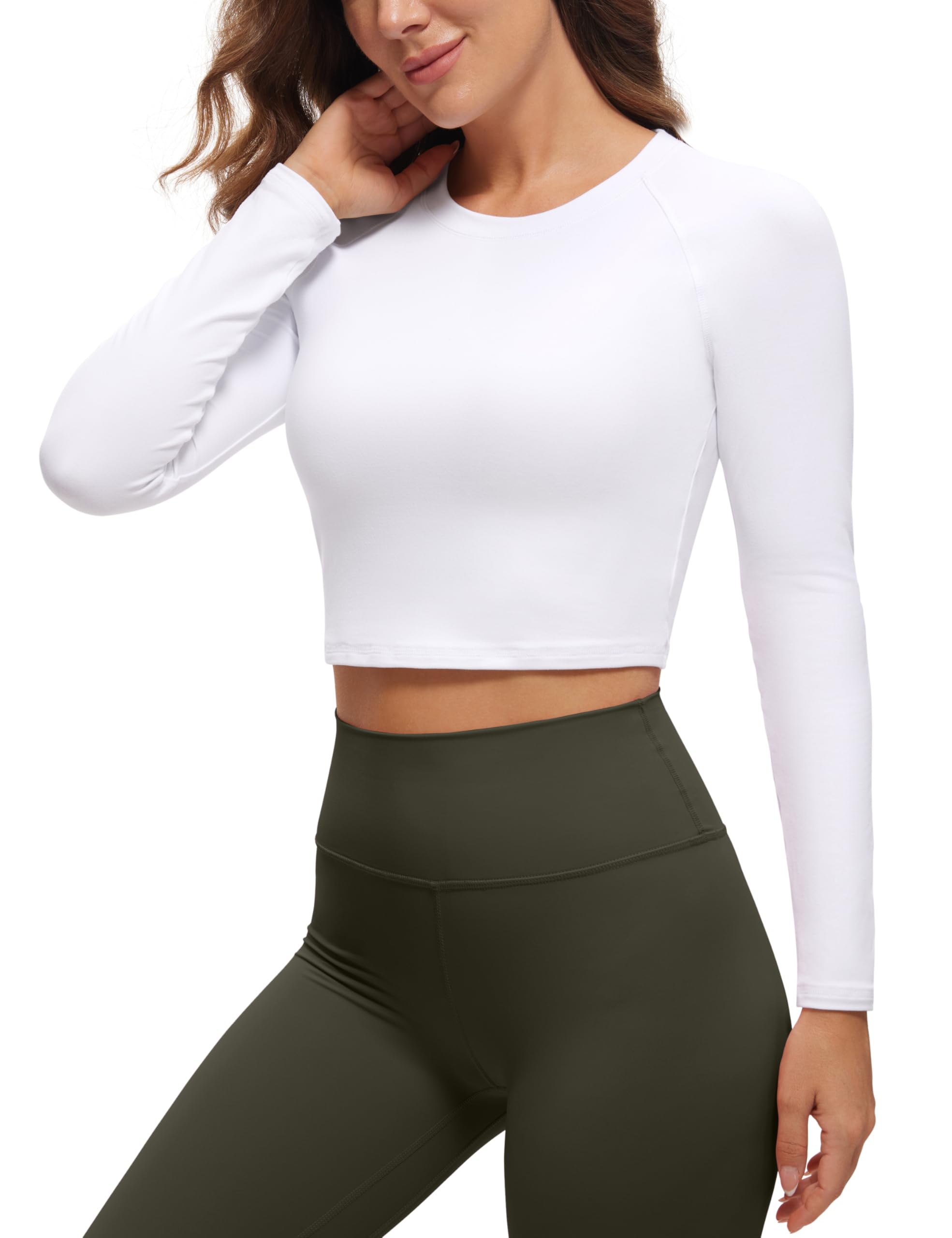 CRZ YOGA Womens Long Sleeve Crop Workout Tops Athletic Yoga Running Cropped Tops Slim Fit Gym Shirts White Medium