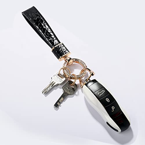 VAGURFO Leather Car Keychain,Key Fob Keychain Holder with 3 Keyrings, Anti-lost D-ring and Bling Metal Clip (Black)
