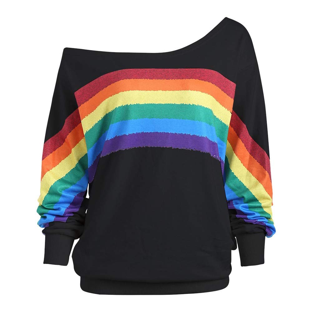 Black Sweatshirt Women Rainbow Print Tops Off Shoulder Long Sleeve t Shirt