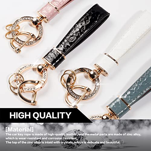 VAGURFO Leather Car Keychain,Key Fob Keychain Holder with 3 Keyrings, Anti-lost D-ring and Bling Metal Clip (Black)