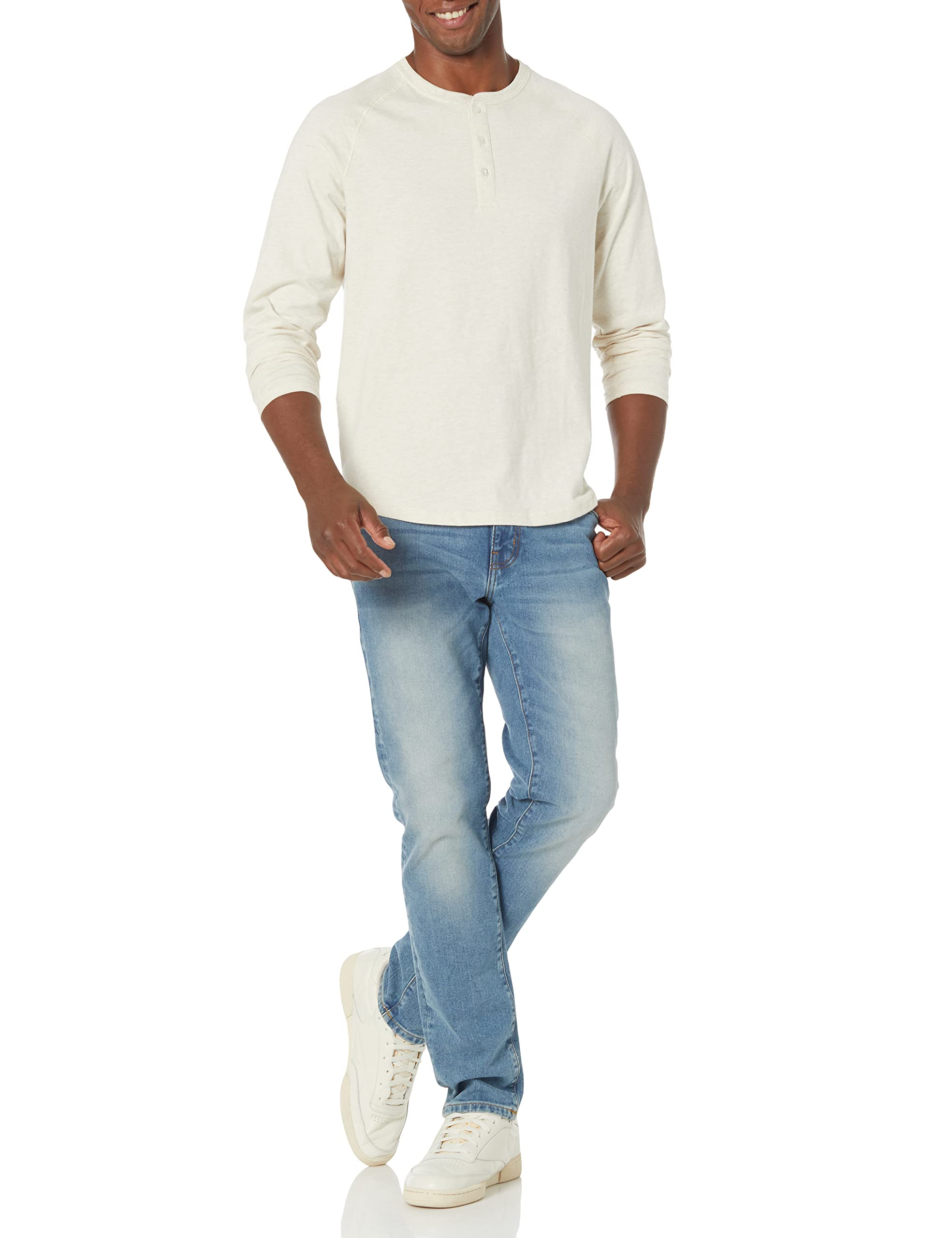 Amazon Essentials Long Sleeve Shirt for Men, Regular-Fit Henley, Available in Big & Tall, Oatmeal Heather, Large