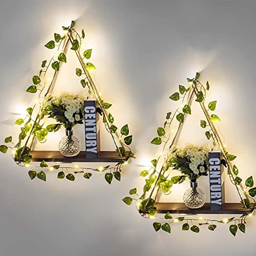 IMURGIFT 2 Pack Artificial Ivy LED-Strip Hanging Shelves for Wall Wooden Wall Hanging Shelves Wall Decor Shelves Elegant Bedroom Wall Hanging Decor for Bedroom Bathroom Living Room Kitchen