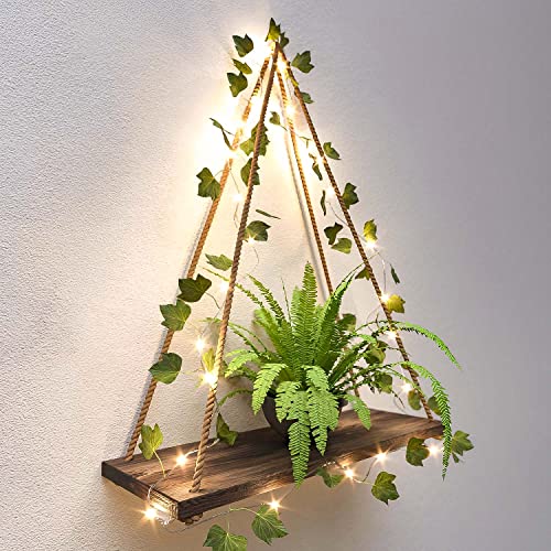 IMURGIFT 2 Pack Artificial Ivy LED-Strip Hanging Shelves for Wall Wooden Wall Hanging Shelves Wall Decor Shelves Elegant Bedroom Wall Hanging Decor for Bedroom Bathroom Living Room Kitchen