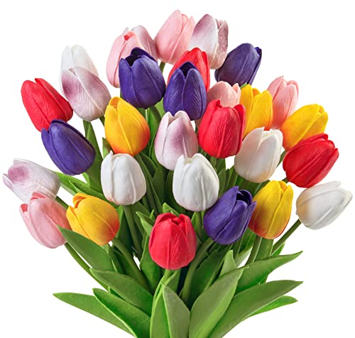 Ouddy Decor 30 Pcs Multicolor Artificial Tulip Flowers Fake Tulips PU Real Touch Faux Flowers Bouquet for Room Office Table Party Spring Wedding Home Easter Decorations