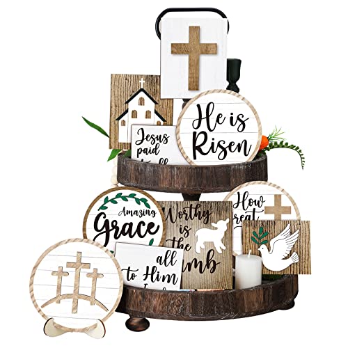 10 Pcs Easter Tiered Tray Decor Set Easter Table Wooden Sign Decorations He is Risen Tiered Tray Decor Cross Crucifix Tabletop Decor Rustic Tiered Tray Decor for Farmhouse Kitchen Home Party Decor