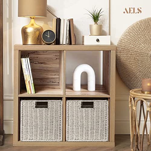 AELS Woven Baskets for Storage, Natural Hand-woven Storage Baskets for Organizing, Cubby Cubes Storage Bins for Shelves, 11" Modern Farmhouse Square Storage Cubes with Handles, Light Gray, 2 Pack