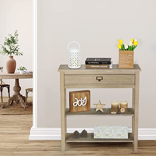 Wnutrees Console Sofa Table with Drawers, 3-Tier Farmhouse Entryway End Table with Open Storage Shelves, Accent Side Table for Hallway Living Room Bedroom, Wooden Top, Handcrafted Finish (Natural)