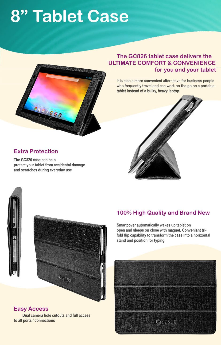 Gigaset 8" Tablet Folio Case, Black - Compatible with iPad Mini, QV830, LePan Mini and Other 8" Tablets