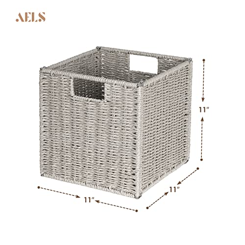 AELS Woven Baskets for Storage, Natural Hand-woven Storage Baskets for Organizing, Cubby Cubes Storage Bins for Shelves, 11" Modern Farmhouse Square Storage Cubes with Handles, Light Gray, 2 Pack