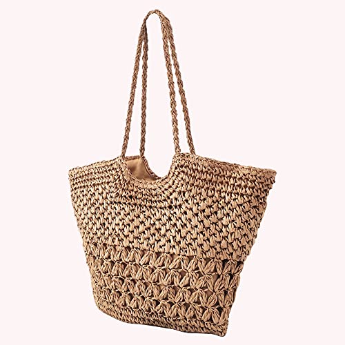 Aktudy Summer Straw Woven Bag Handmade Hollow Beach Vacation Bags Fashion Simple Exquisite Large Capacity for Seaside Holiday
