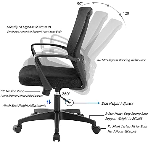 ANACCI Office Chair, Desk Chair with Rocking Back, Mid-Back Mesh Computer Chair with Adjustable Height, Drafting Chair Home Office