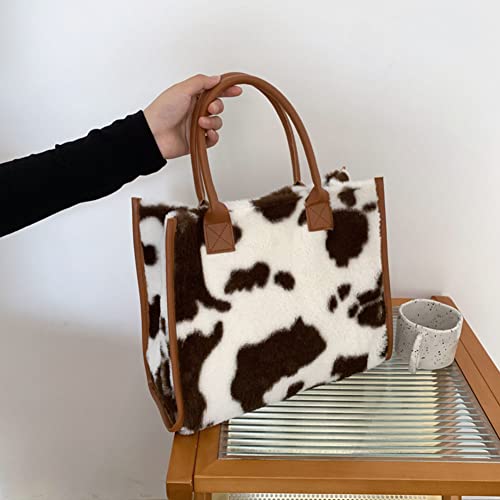 Fashion Women PU Leather Plush Animal Pattern Print Handbag Autumn Winter Casual Large Capacity Tote Bags