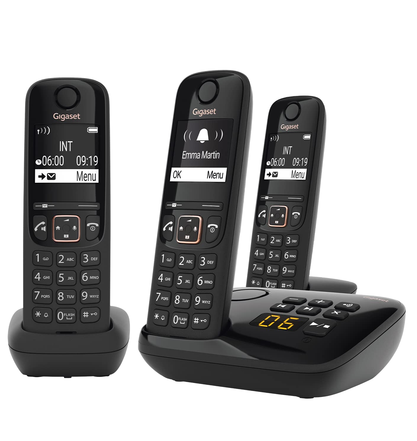 Gigaset A694A Trio - Three Cordless Phones - answering Machine - Caller ID - high Contrast Display - Brilliant Voice Quality HSP - Long Standby time 180 Hours - Made in Germany, Black