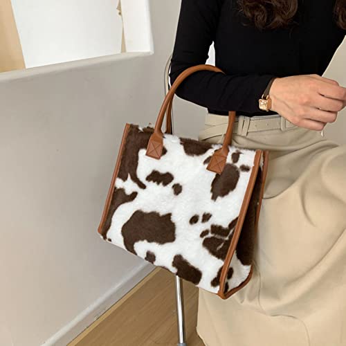 Fashion Women PU Leather Plush Animal Pattern Print Handbag Autumn Winter Casual Large Capacity Tote Bags