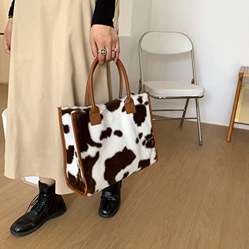 Fashion Women PU Leather Plush Animal Pattern Print Handbag Autumn Winter Casual Large Capacity Tote Bags