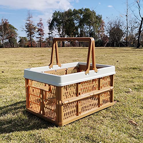 Portable Large Capacity Picnic Basket, Pack of 2 Storage Boxes with Handles, Foldable Plastic Grocery Shopping Basket (Coffee with Off-White)