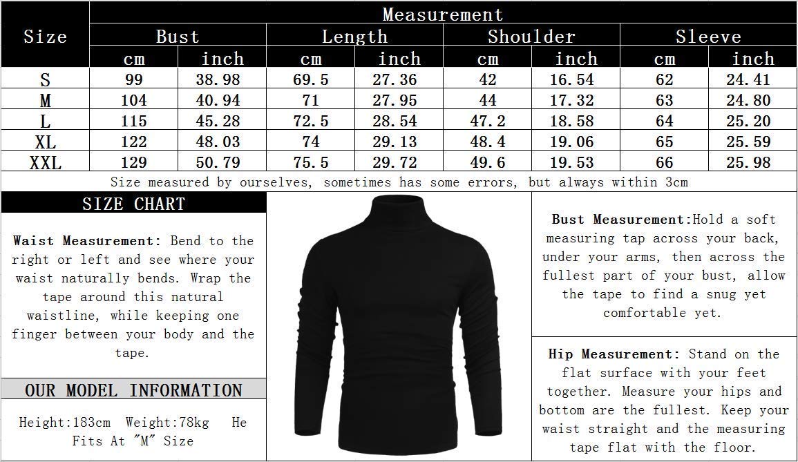 Mens Lightweight Long Sleeve Turtleneck Top Pullover Slim Fit Sweater Black L