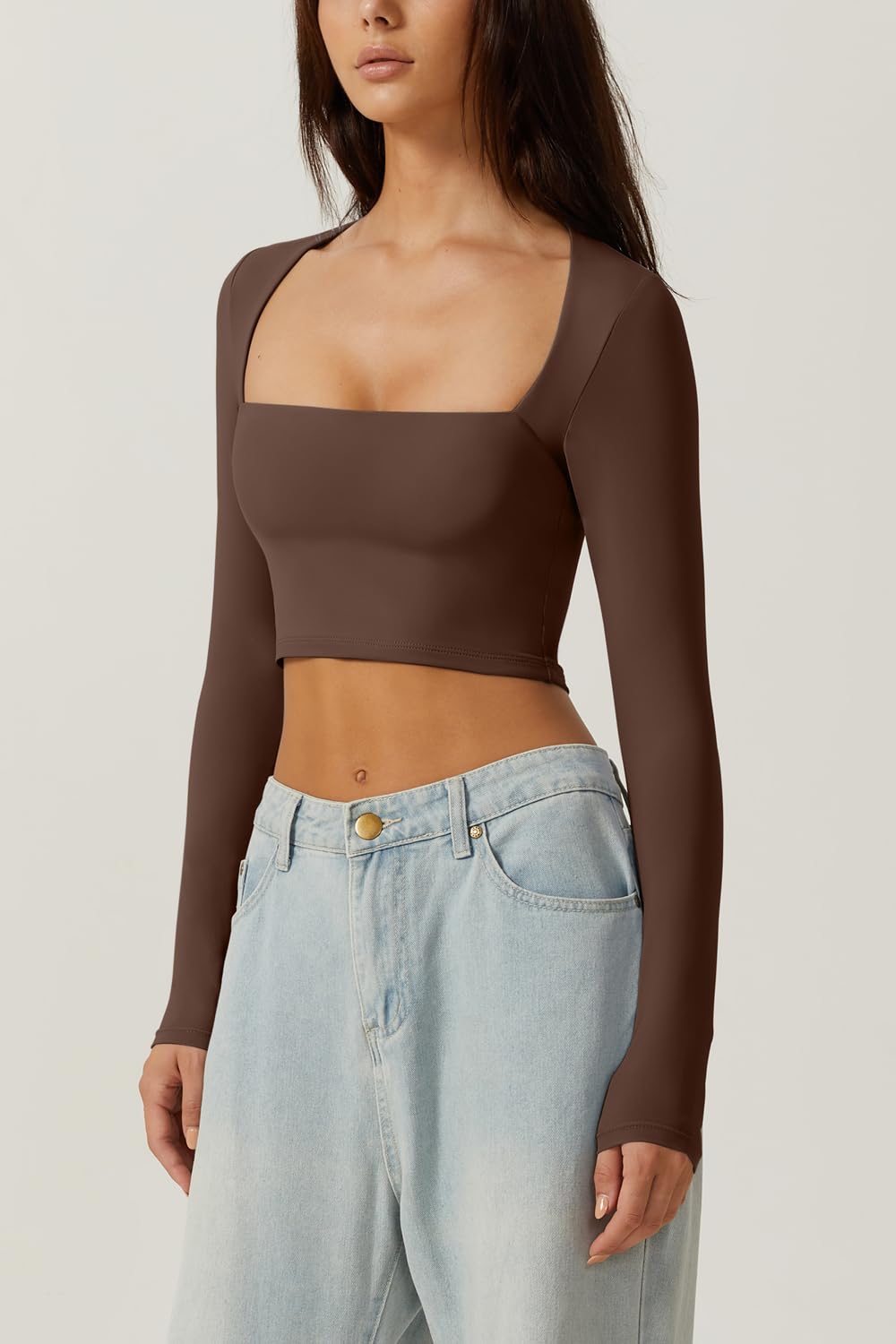 QINSEN Women's Sexy Square Neck Crop Top Long Sleeve Slim Fit Cropped T Shirts Coffee Bean M