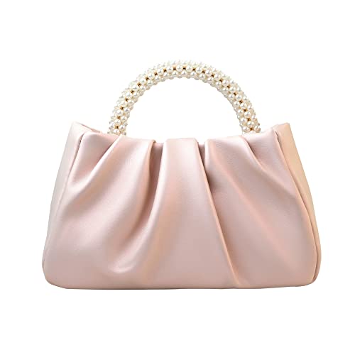 HEYCUE Women's Elegant Pearl Handbag Pleated Design Crossbody Purse Wedding Prom Bride Clutch Purse With Pearl Chain