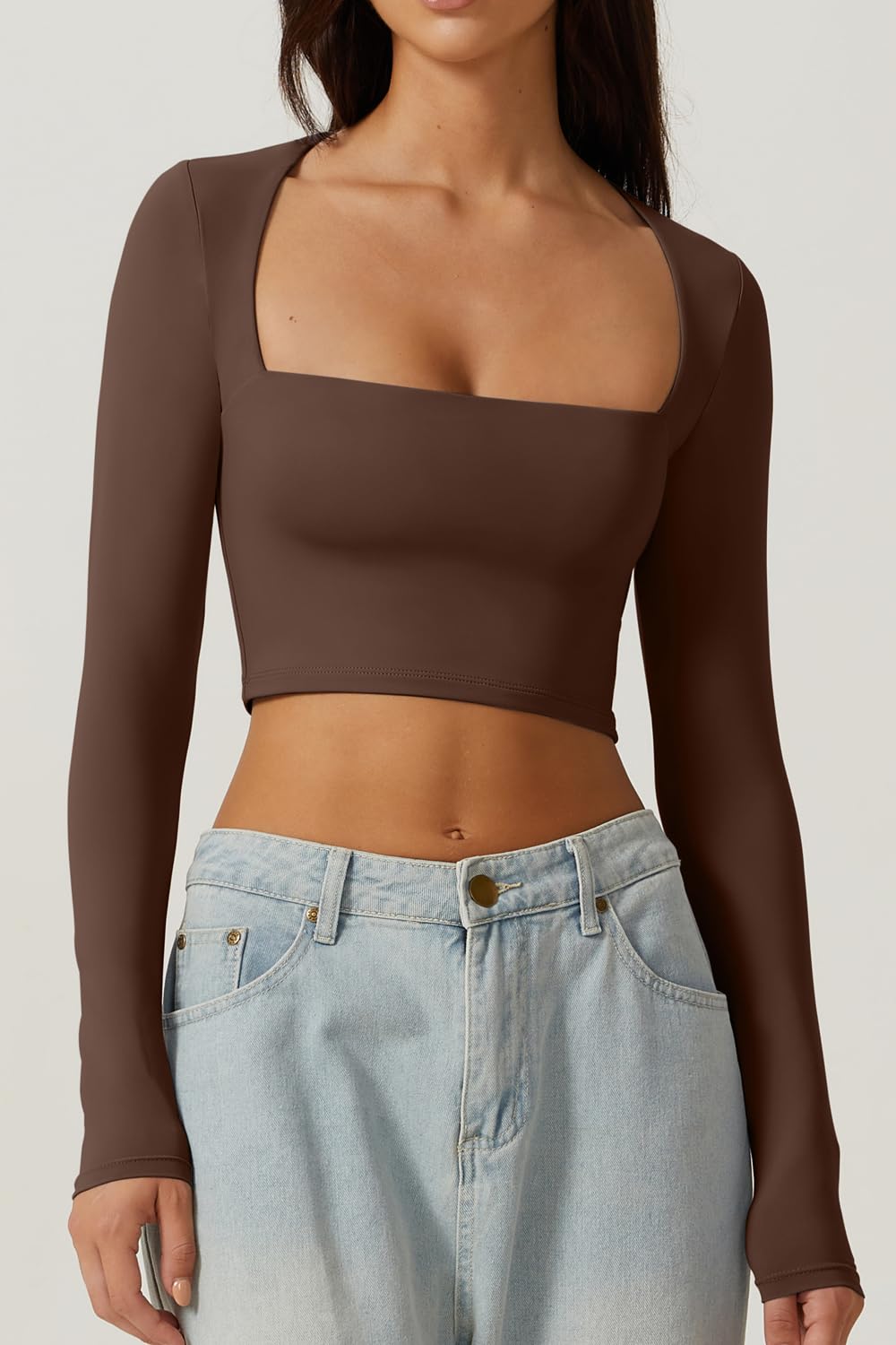 QINSEN Women's Sexy Square Neck Crop Top Long Sleeve Slim Fit Cropped T Shirts Coffee Bean M