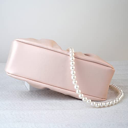HEYCUE Women's Elegant Pearl Handbag Pleated Design Crossbody Purse Wedding Prom Bride Clutch Purse With Pearl Chain