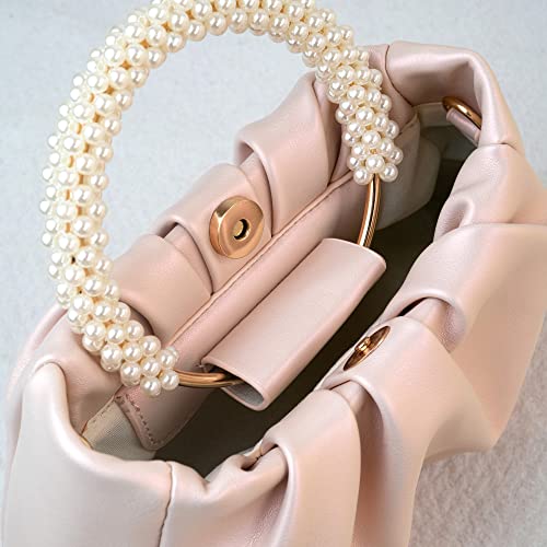 HEYCUE Women's Elegant Pearl Handbag Pleated Design Crossbody Purse Wedding Prom Bride Clutch Purse With Pearl Chain