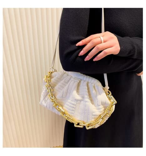 HDHTB Dumpling handbag cloud shape shoulder bag casual clutch purse pouch with chunky chain Jacquard velvet crossbody dupe (white)