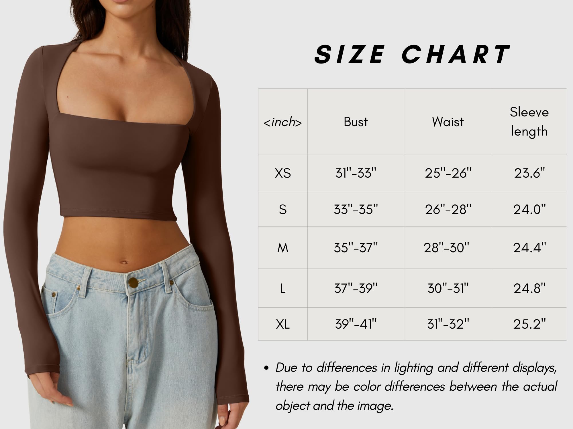 QINSEN Women's Sexy Square Neck Crop Top Long Sleeve Slim Fit Cropped T Shirts Coffee Bean M
