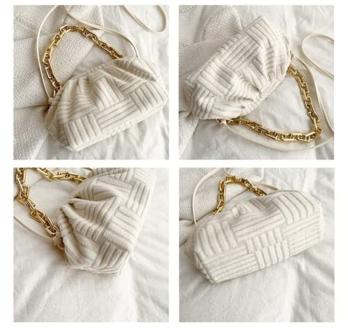 HDHTB Dumpling handbag cloud shape shoulder bag casual clutch purse pouch with chunky chain Jacquard velvet crossbody dupe (white)
