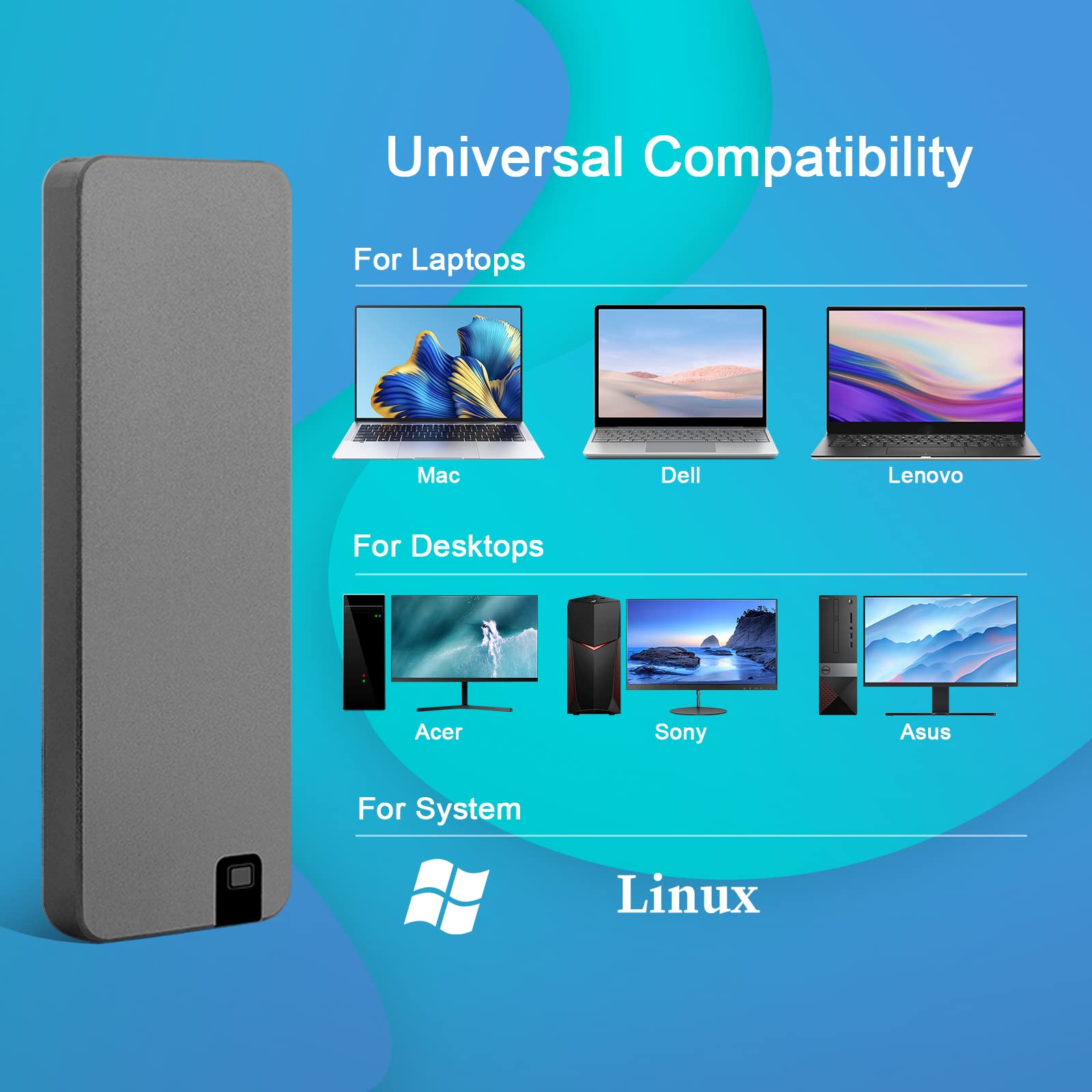 2TB External Hard Drive, Portable SSD External Hard Drive with Reading Speed Up to 500Mb/s Plug and Play Ready for Mac and PC Computer, Desktop, Laptop Silver