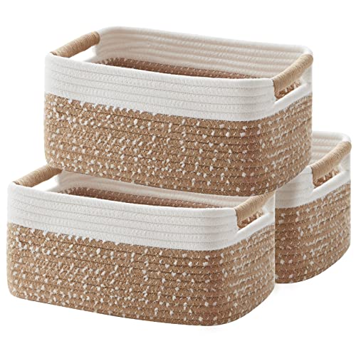 OIAHOMY Woven Baskets for Storage, Storage Baskets for Shelves, Cotton Rope basket set, Decorative Storage Baskets, Nursery Organization, Rectangle Basket With Handles, Pack of 3, Yellow and White
