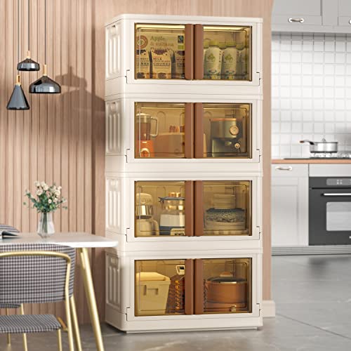Plastic Storage Bins with Lids - 76Quart Collapsible Storage Bins,3 Packs Stackable Storage Bins with Lids,Beige Wardrobe Closet Organizer,Storage Cabinet,Foldable Plastic Storage Container with Door