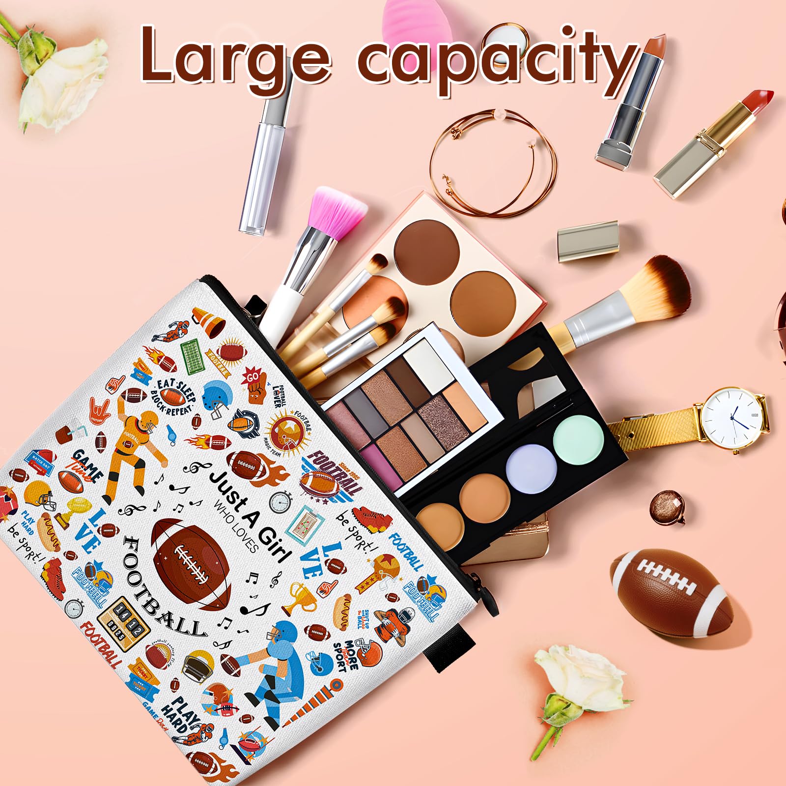 Football Makeup Bag for Teens, Inspirational Canvas Football Cosmetic Bag Pouch Accessories for Players Teams Stuff, Sport Party Favors Birthday Graduation Nurse Gifts for Her Girls Friends Women