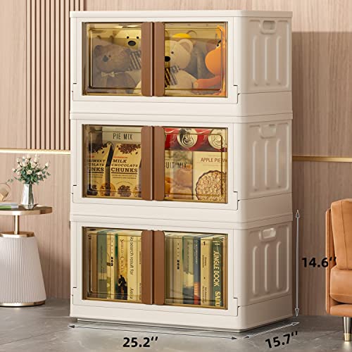 Plastic Storage Bins with Lids - 76Quart Collapsible Storage Bins,3 Packs Stackable Storage Bins with Lids,Beige Wardrobe Closet Organizer,Storage Cabinet,Foldable Plastic Storage Container with Door