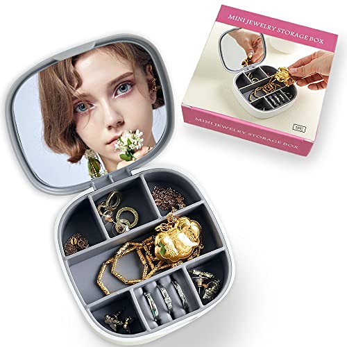 HoazHoald Small Travel Jewelry Case Mini Travel Jewelry Organizer Portal Travel Jewelry Box Travel Jewelry Storage Small Earring Ring Necklace Case Organizer Box for Women Kids with Mirror (White)