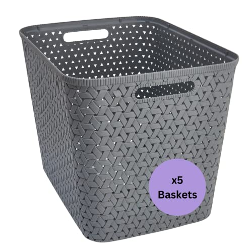 Store & Order Stackable Extra Large Storage Basket x5, Decorative Plastic Box, Multi-Functional Boxes for around the home, Organiser Baskets for Toy Storage, Bedroom or Living Room, Grey Rattan 28L