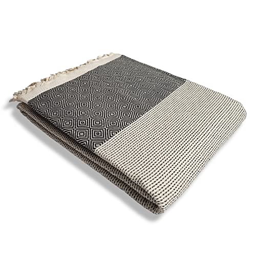 Wellstil Kailyn | Cozy Vintage Cotton Blankets • King Size Turkish Throw Blankets for Sofa, Couch, Farmhouse and Home Decor • Boho Woven Bedspread • Breathable Bed Blanket 80x100 inches (Black)