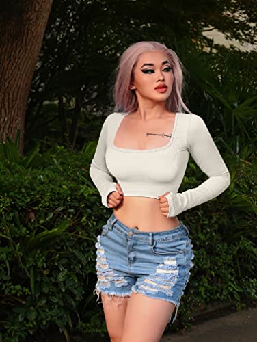 OQQ Women's 2 Piece Crop Top Ribbed Seamless Workout Exercise Tops Long Sleeve Shirts 2025 Trendy Black Beige
