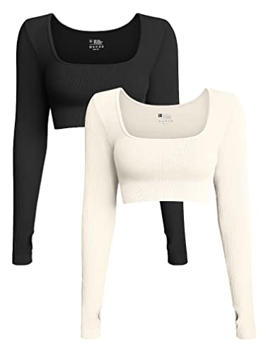 OQQ Women's 2 Piece Crop Top Ribbed Seamless Workout Exercise Tops Long Sleeve Shirts 2025 Trendy Black Beige