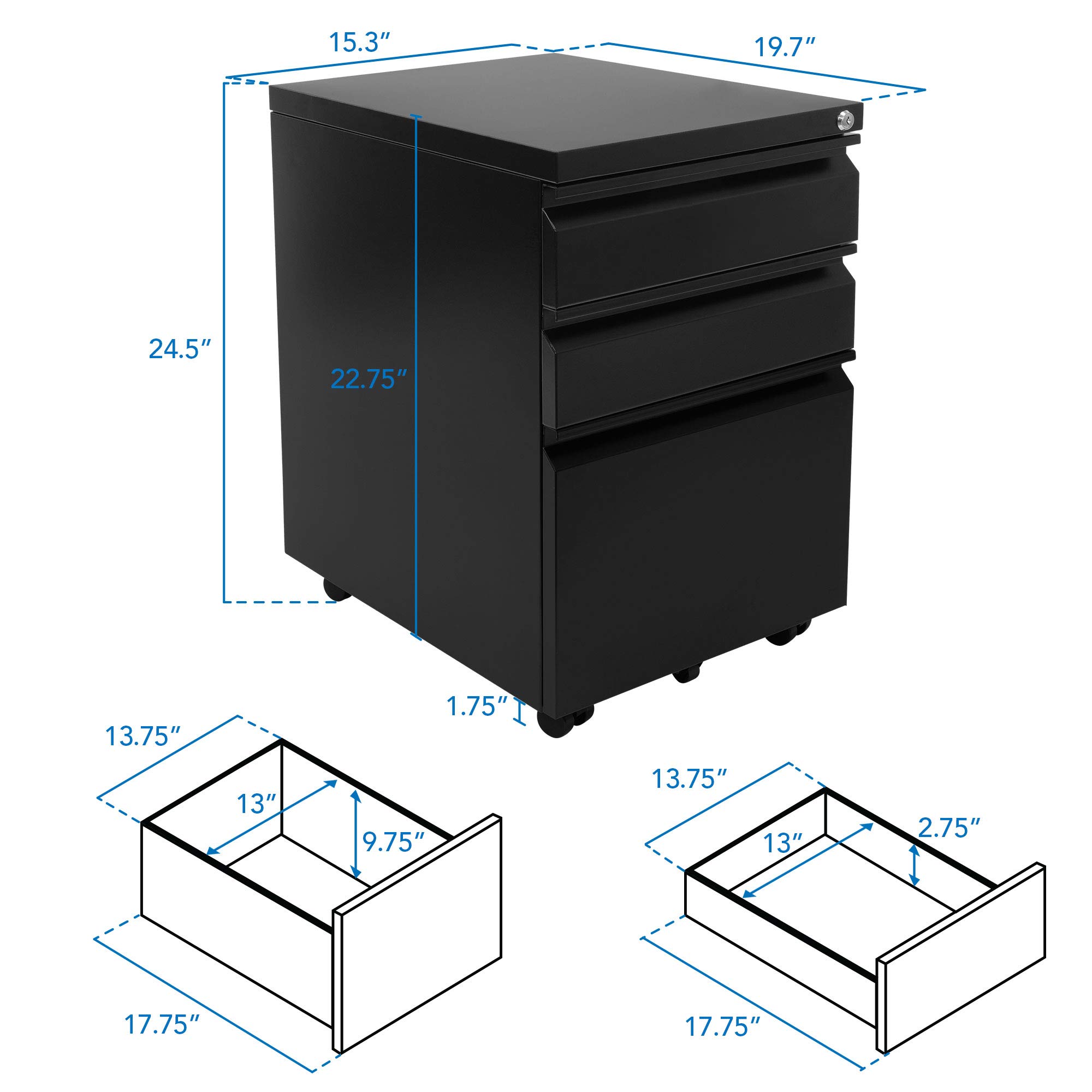 MOUNT-IT! Mobile File Cabinet with 3 Drawers | Under Desk Rolling Storage with Lock for Supplies, Files, and Materials, Mobile Space Saving for Home and Office