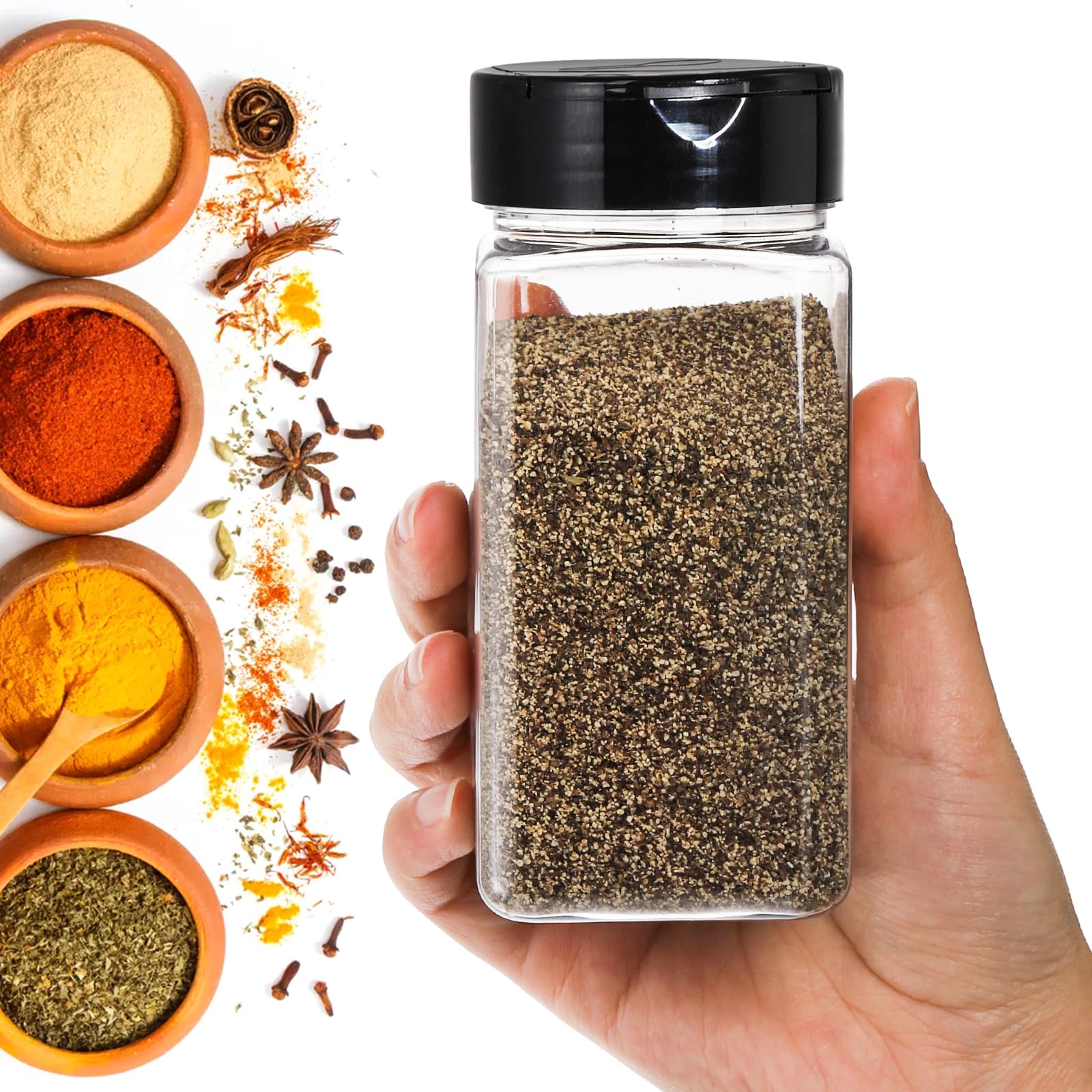 Bekith 16 Pack 9 Oz Plastic Spice Jars Bottles Containers with Black Cap – Perfect for Storing Spice, Herbs and Powders