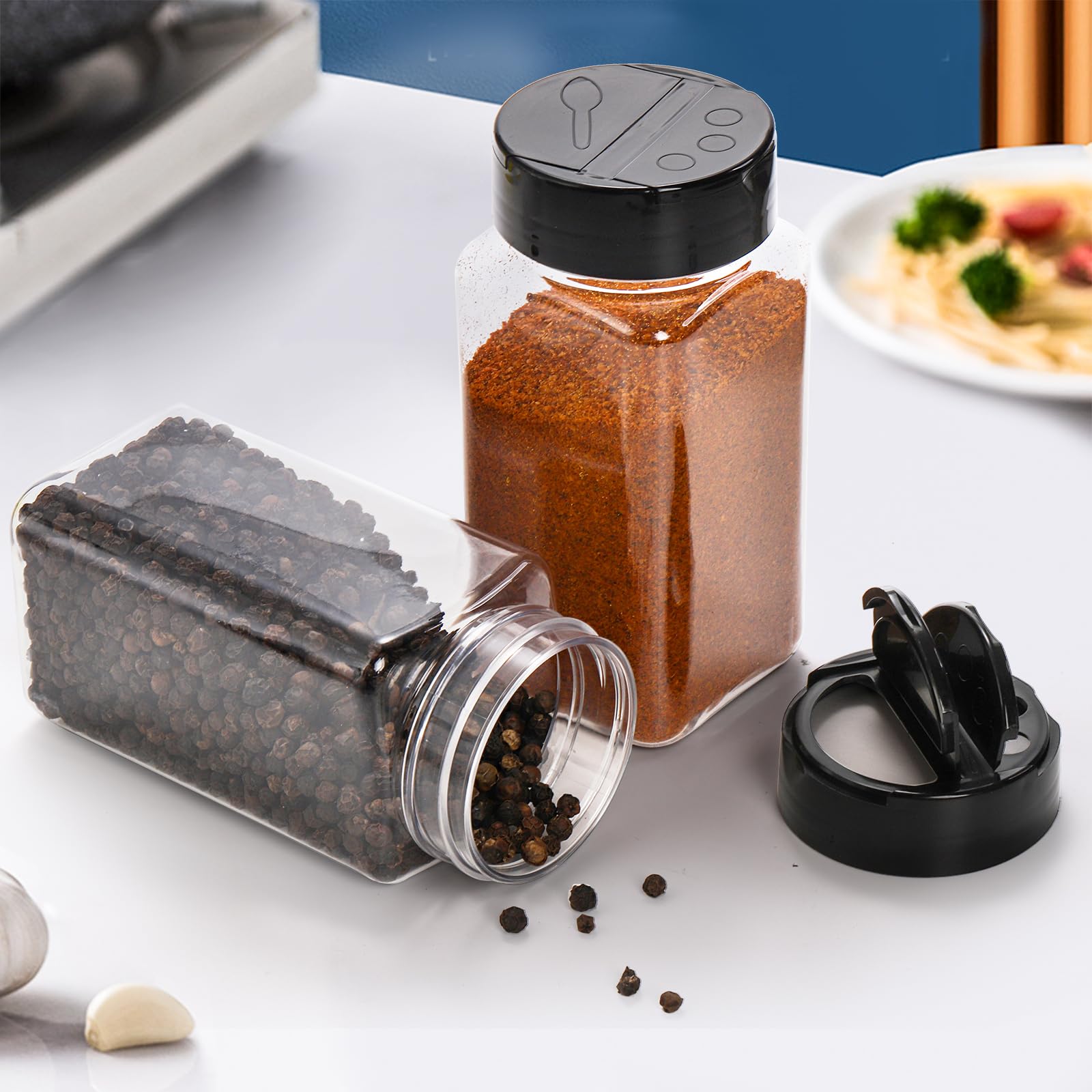 Bekith 16 Pack 9 Oz Plastic Spice Jars Bottles Containers with Black Cap – Perfect for Storing Spice, Herbs and Powders
