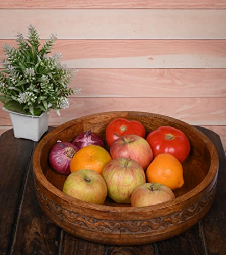 EDHAS Mango Wood Decorative Round Carved Bowl for Decoration, Centerpiece Bowl for Table (10.5" x 10.5" x 2.5")