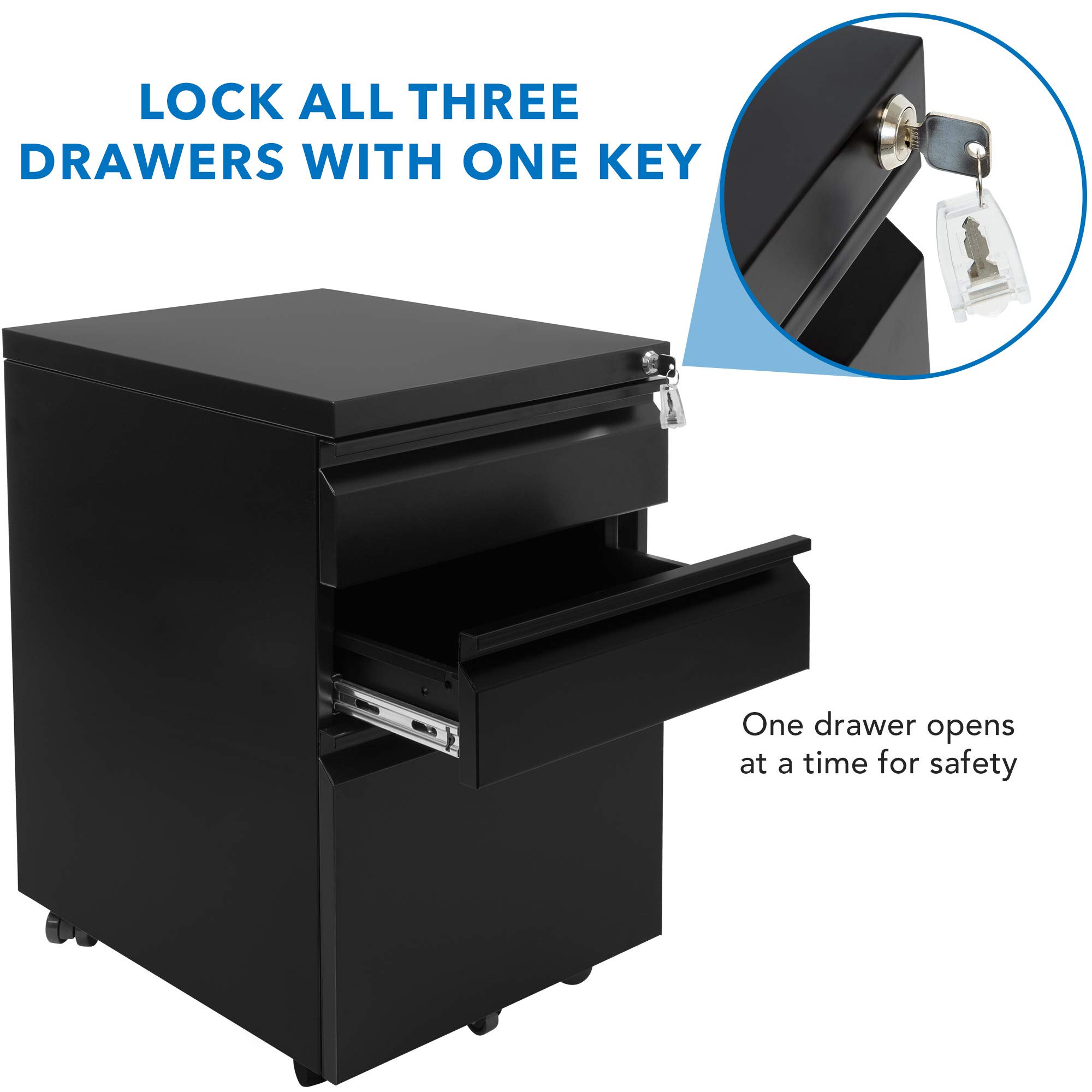 MOUNT-IT! Mobile File Cabinet with 3 Drawers | Under Desk Rolling Storage with Lock for Supplies, Files, and Materials, Mobile Space Saving for Home and Office