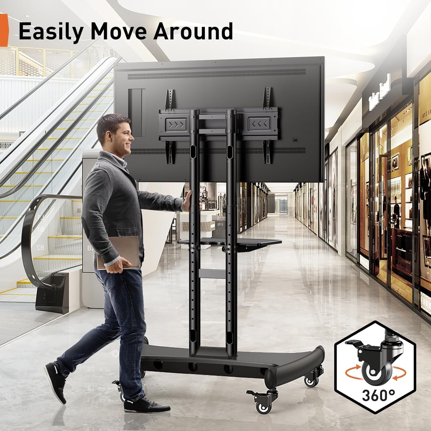 Mobile TV Cart for 32-75 Inch Flat/Curved LED/LCD/OLED TVs Rolling TV Stand with Height Adjustable Shelf Max VESA 600x400mm up to 100lbs-Outdoor TV Stand Trolley with Wheels- PGTVMC05