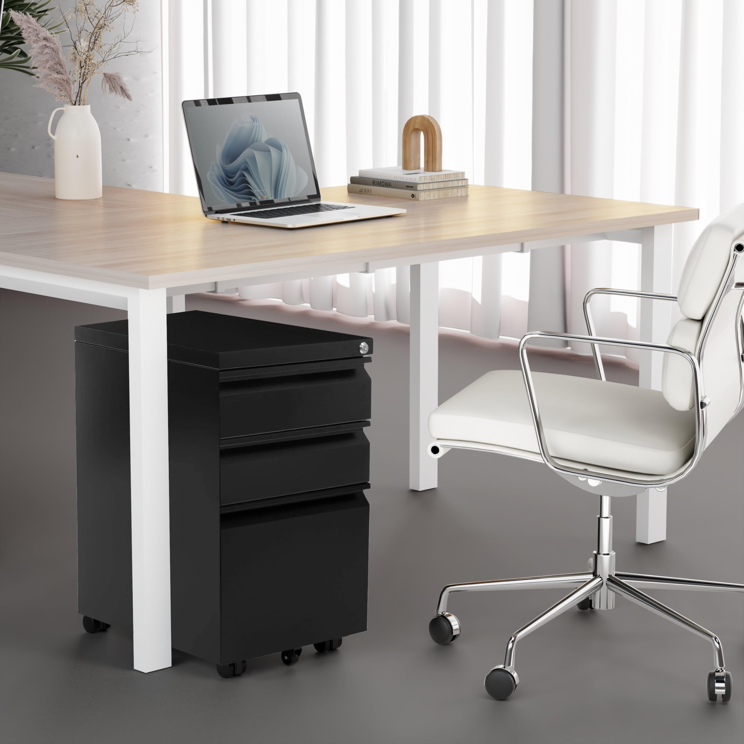 MOUNT-IT! Mobile File Cabinet with 3 Drawers | Under Desk Rolling Storage with Lock for Supplies, Files, and Materials, Mobile Space Saving for Home and Office