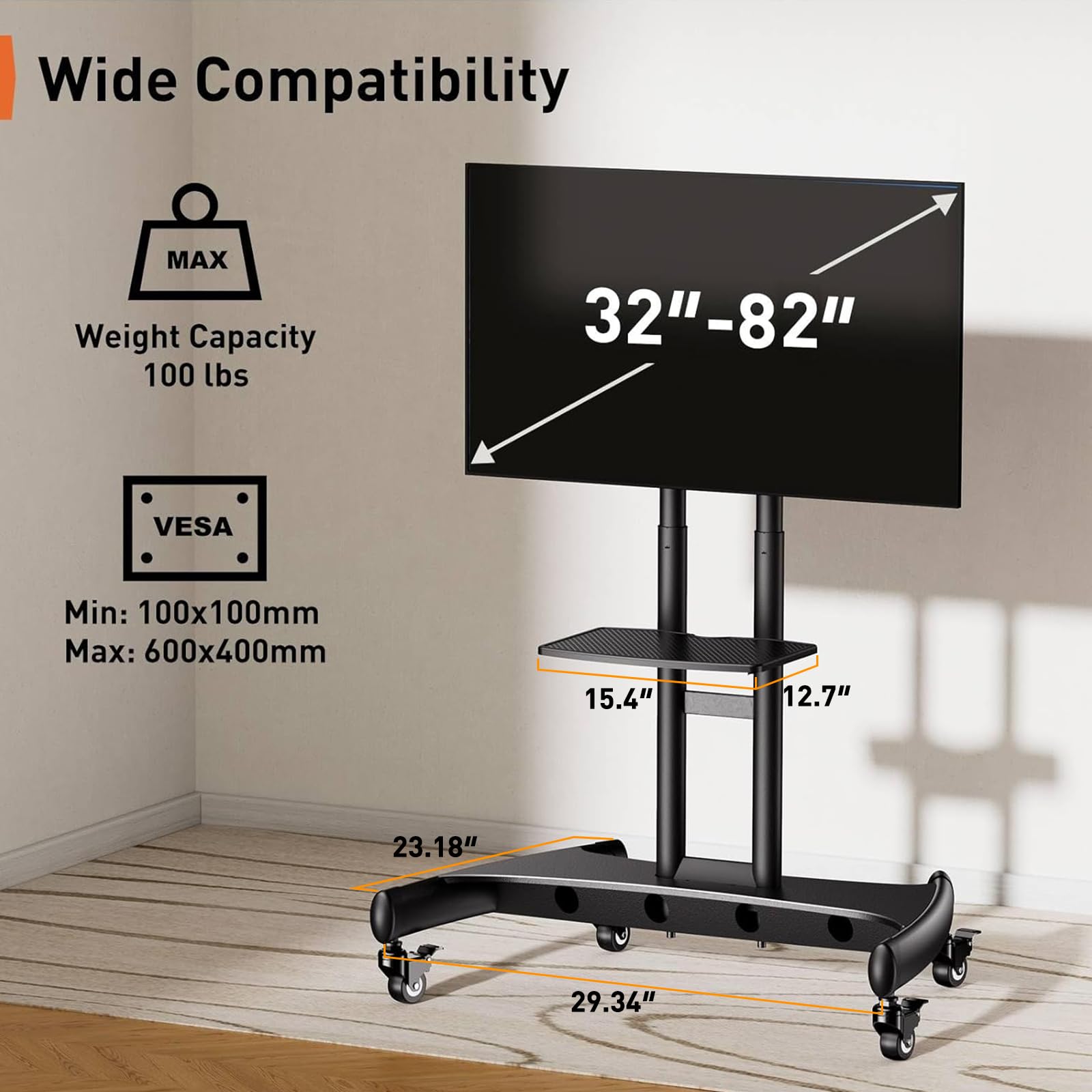 Mobile TV Cart for 32-75 Inch Flat/Curved LED/LCD/OLED TVs Rolling TV Stand with Height Adjustable Shelf Max VESA 600x400mm up to 100lbs-Outdoor TV Stand Trolley with Wheels- PGTVMC05